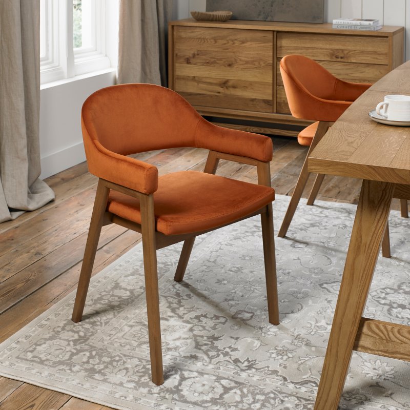 CLIFTON RUSTIC OAK Clifton Upholstered Arm Chair Rust Velvet Cookes Furniture